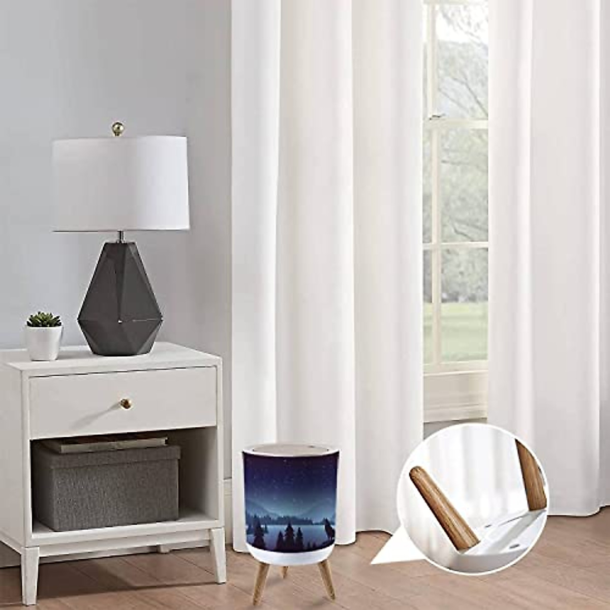 Small Trash Can with Lid for Bathroom Kitchen Office Diaper mountains landscape flat Night nature scenery fir trees hills horizon Bedroom Garbage Trash Bin Dog Proof Waste Basket Cute Decorative