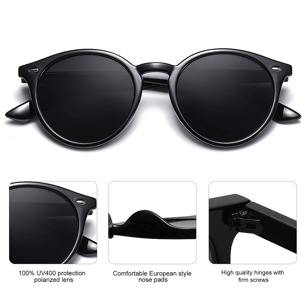 SOJOS Retro Round Polarized Sunglasses for Women Men Classic Vintage Sunnies SJ2069, Black/Grey