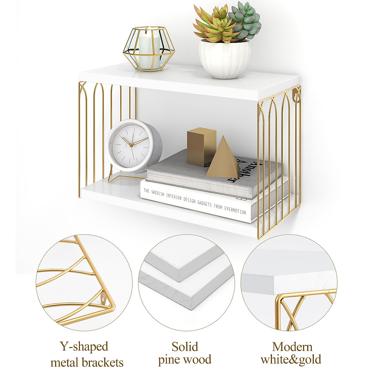 Sivapleso Floating Nightstand, White and Gold Small Wall Mounted Night Stands Modern Minimalism Hanging Bedside Table