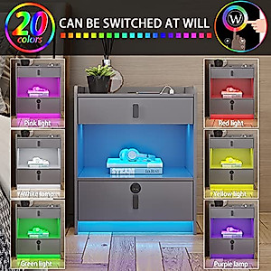 Dytler RGB Smart Nightstand, with Wireless Charging Station and USB Port, Modern Bedside Table, Bedroom LED Night Stand, 2 Drawers, Lockable, Home Office end Side Cabinet(Grey)