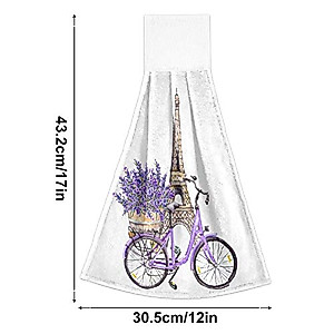 2 Pack Purple Lavender Eiffel Tower Hanging Kitchen Towels Romantic Spring Floral Bicycle Hand Towel with Loop Soft Microfiber Dish Towels Tie Towel for Bathroom Absorbent Washcloth