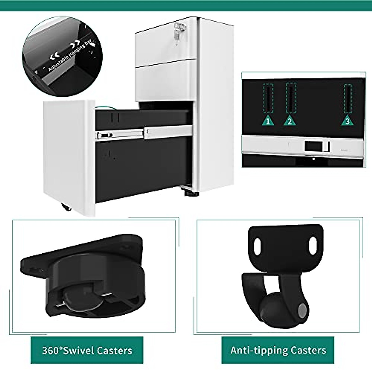 YITAHOME 3-Drawer Metal Filing Cabinet Office Drawers with Keys, Compact Slim Portable File Cabinet, Pre-Built Office Storage Cabinet for A4/Letter/Legal (Gray and White)