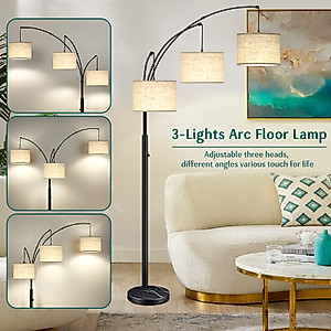 Floor Lamps for Living Room, 3-Light Dimmable Arc Tall Standing Floor Lamp with Adjustable Hanging Fabric Shades, Modern Floor Lamp with Marble Base for Bedroom Office, 3 LED Bulbs Included
