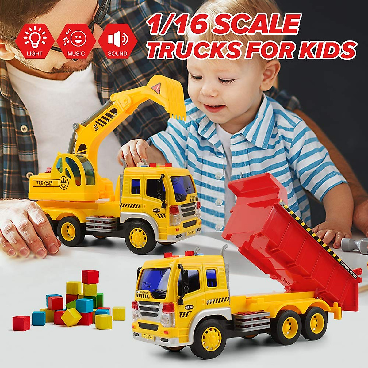 TOYABI 1:16 Scale Realistic Construction Dump Truck Toy Set with Lights & Sounds - Perfect for Boys Age 3-7
