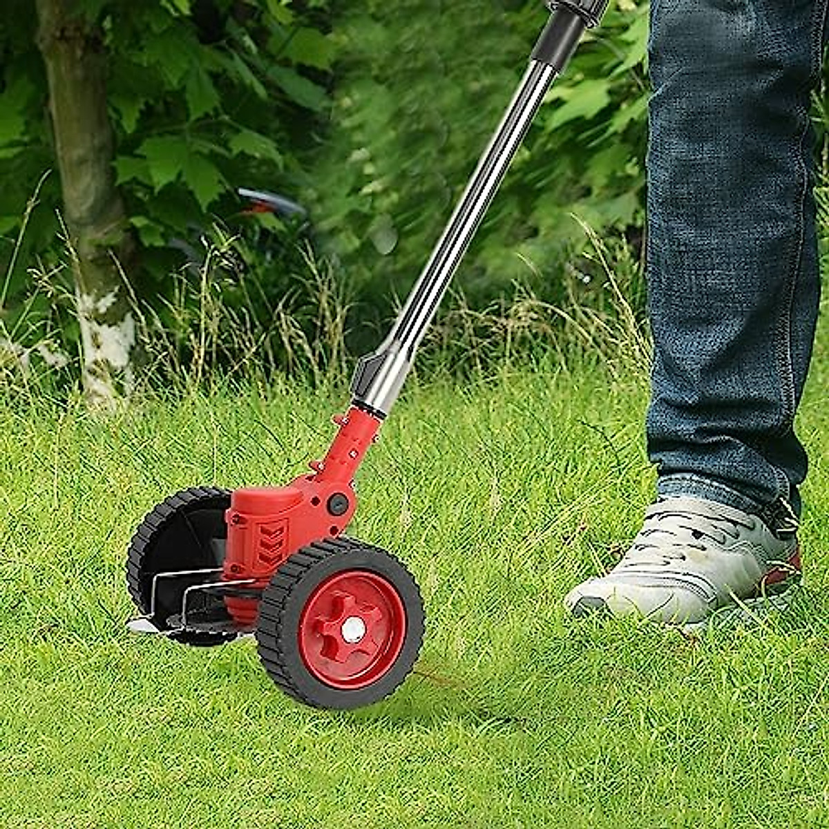 Cordless Grass Trimmer Weed Wacker, Battery Powered 21V 2000mAh Weed Eater, 3-in-1 Wheeled Stringless Weed Cutter, Lightweight Adjustable Height Electric Lawn Mower, Lawn Tool Edger Red US Plug
