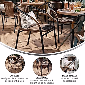 Flash Furniture Lila Modern Rattan Indoor/Outdoor Stackable Dining Chairs, Stacking Rattan Bistro Chairs for Patio or Restaurant, Set of 2, Brown