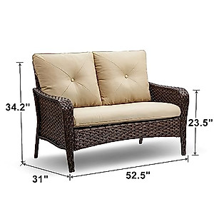 HUMMUH Outdoor Loveseat Sofa,2-Seater PE Wicker Outdoor Couch Porch High Back and Deep Seat Sofa Furniture for Backyard, Deck, Poolside （Brown/Beige）