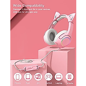 PHNIXGAM Pink Girl Gaming Headset for PS4, PS5, Xbox One(No Adapter), Wired Over-Ear Headphones with Detachable Cat Ears, Noise Cancelling Microphone, RGB Backlight, Surround Sound for PC