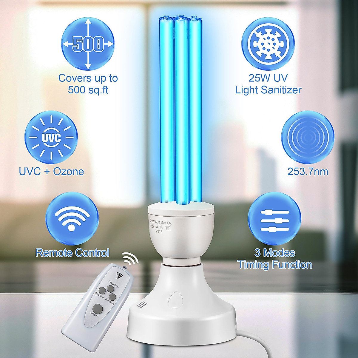 Qualirey 25 Watt UV Light Sanitizer, UVC Lamp with E27 Base and Remote Control and UV Protection Glasses, UV Light Bulb for Basement, Bedroom, Kitchen, with Ozone