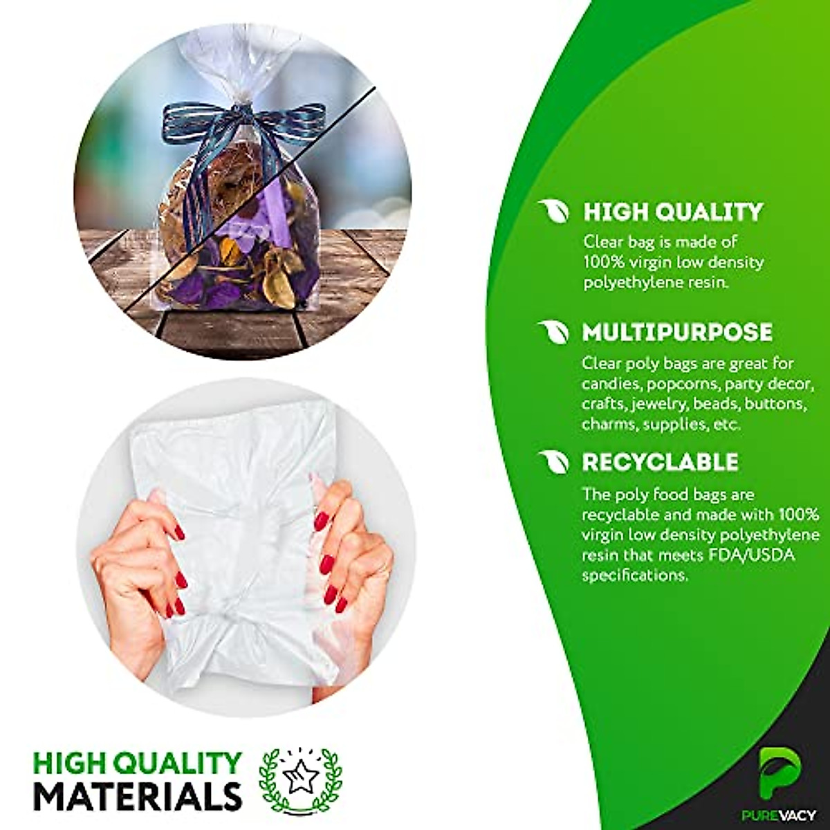 PUREVACY Gusseted Plastic Bags for Cookies, Candies, 4" x 2" x 8", Pack of 100 Clear Treat Bags with Open Top, 2 Mil Thick Recyclable Clear Plastic Bags for Gifts, Small Items Storing, Packaging