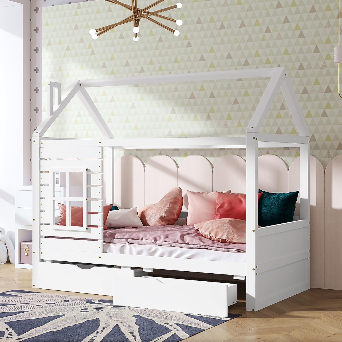 Aoowow Twin Size Kids House Bed with 2 Drawers, Wooden Platform Twin Bed Frame with Window and Roof for Bedroom, Modern Twin Size Kid Playhouse Bed with Slats for Boys Girls, Can be Decorated, White