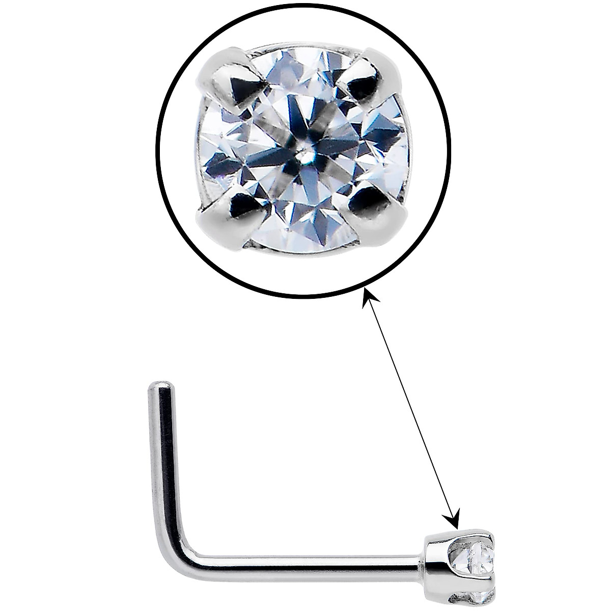 Body Candy Solid 14k White Gold 2mm Clear Cubic Zirconia L Shaped Nose Stud Ring 20 Gauge 1/4"