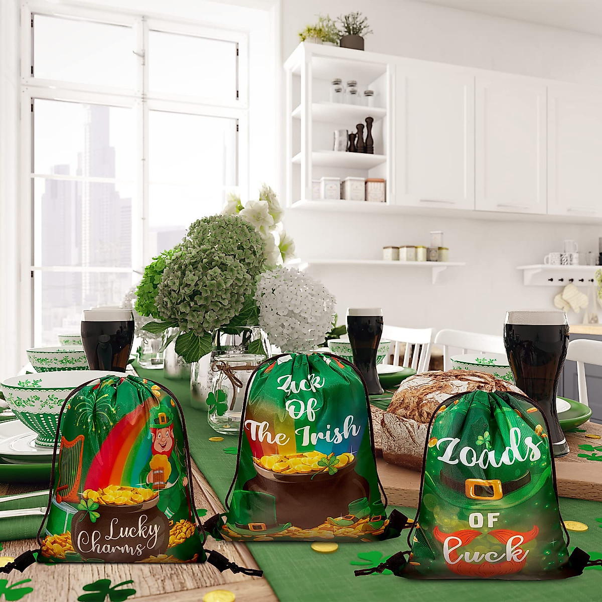 24 Pcs St. Patrick's Day Drawstring Bags Shamrock Backpack Irish Theme Gift Bags Clover Printed Storage Goody Bags Treat Candy Bags for St. Patrick's Party Traveling Outdoor Supply, 6 Designs