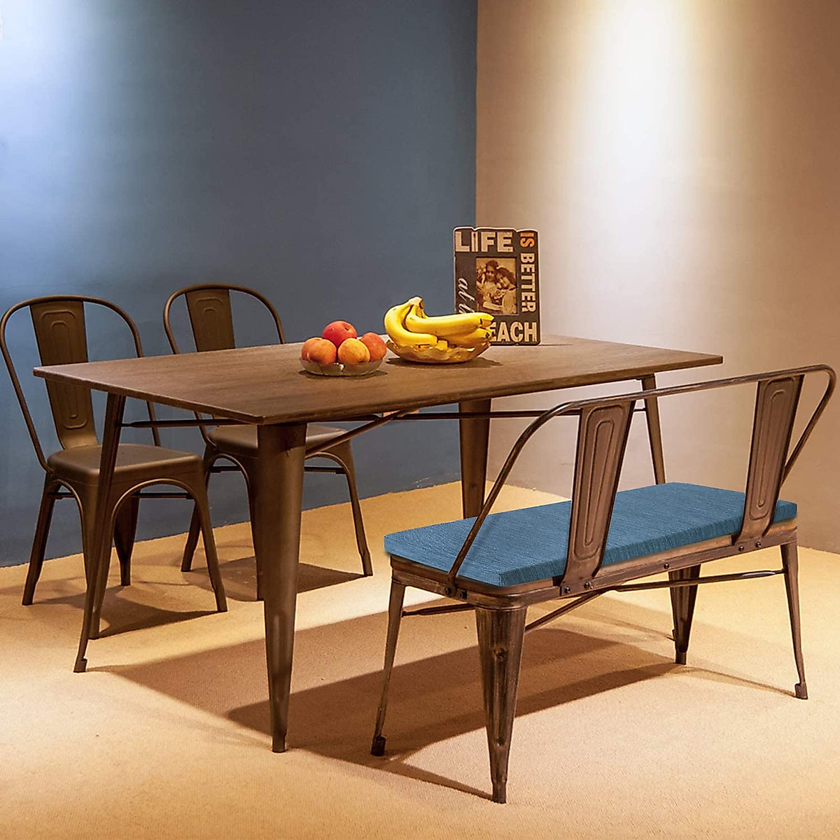 baibu 40 Inch Metal Bench Cushion with Ties, Non-Slip Rectangle Bench Seat Cushion Kitchen Bench Cushion with Machine Washable Cover - One Pad Only (Light Blue, 40x15x1.5in)