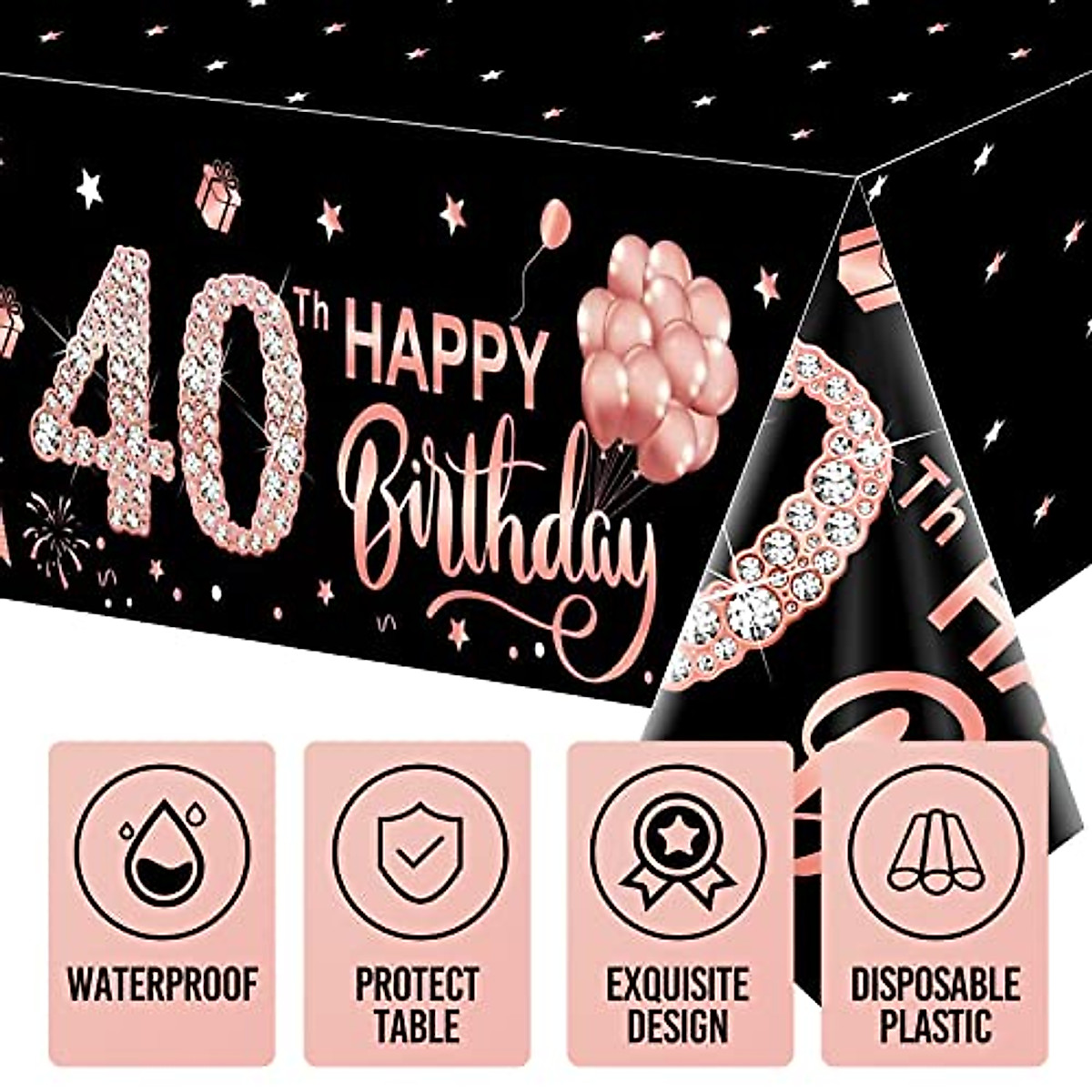 3 Pack 40th Birthday Tablecloth Decorations for Women, Rose Gold Happy 40 Birthday Table Cover Party Supplies, Forty Year Old Birthday Plastic Disposable Rectangular Table Cloth Decor
