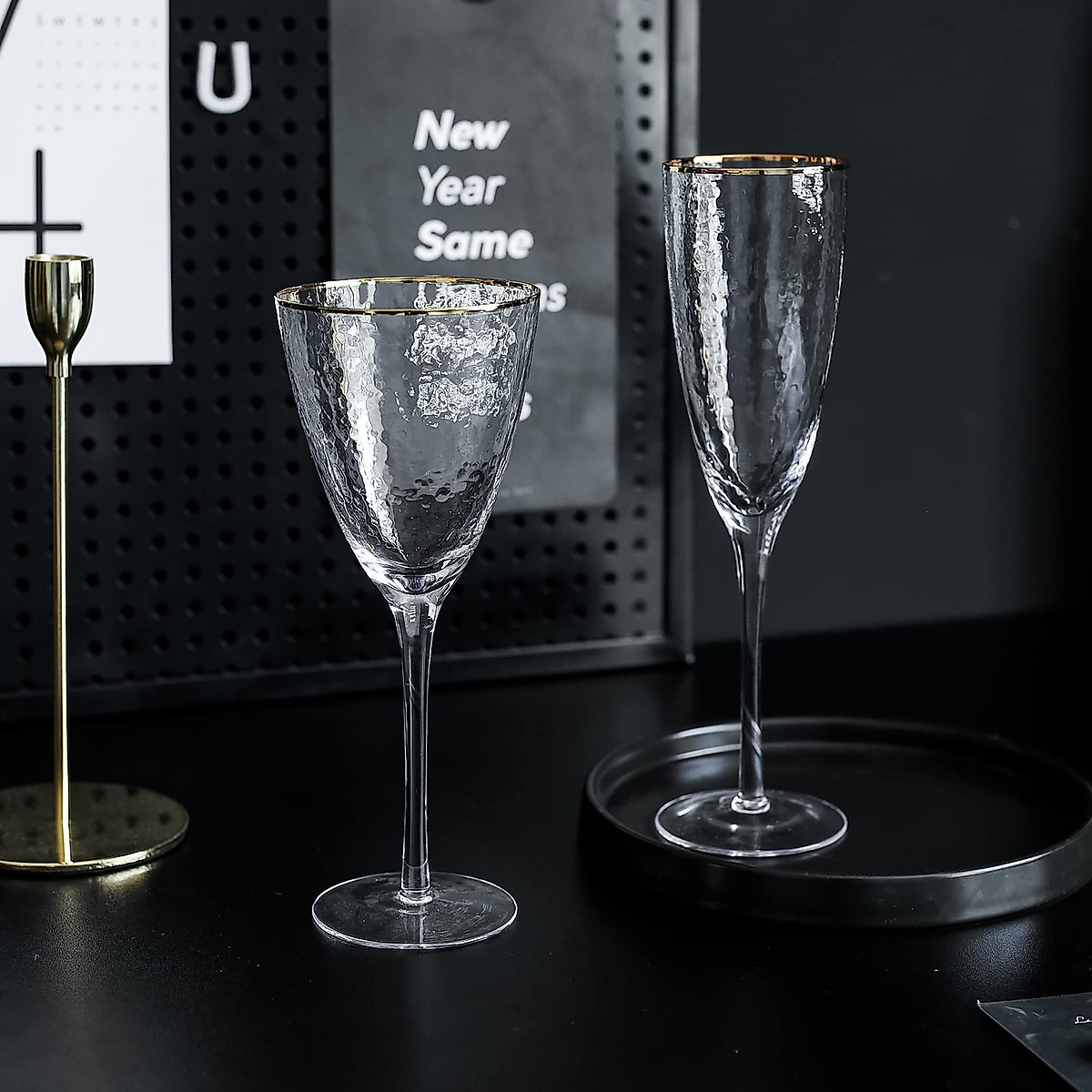 1500° C TABLETOP Wine Glasses Set of 4, 12 oz. Long Stemmed Gold Rim Hammered Glasses for White and Red Wine