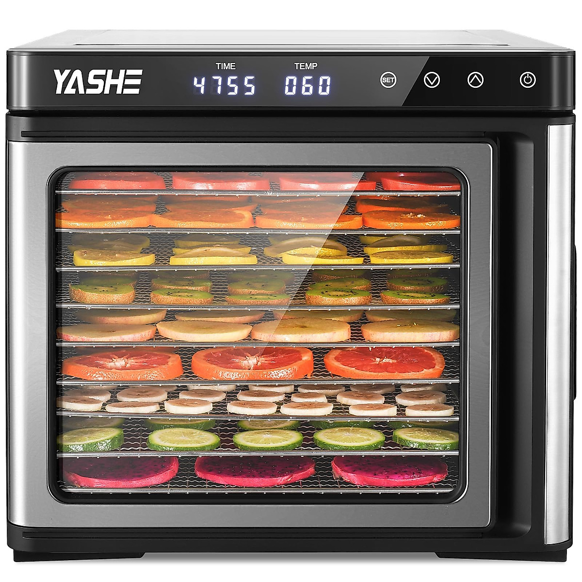 YASHE Food Dehydrator Machine, 9 Stainless Steel Food Dryer, 1000W Dehydrators for Food and Jerky, Herbs, Meat, Fruit, Dog Treats, 48H Timer and Temperature Control (95-165℉), Recipes Book Included