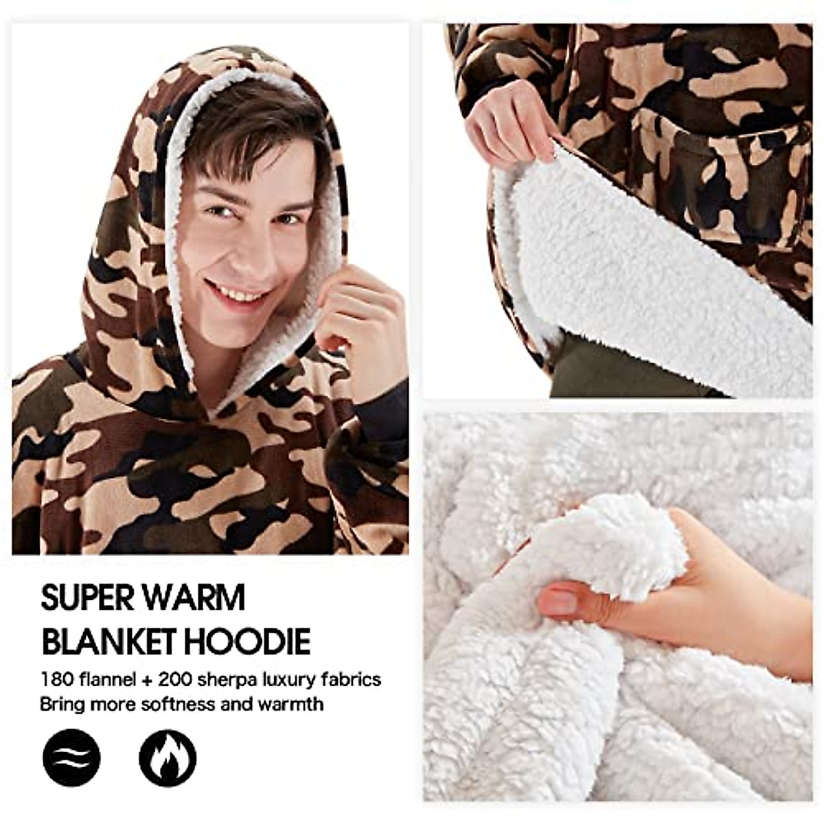 OCTROT Wearable Blanket Hoodie, Fuzzy Soft Sherpa Oversized Blanket Sweatshirts for Women Men, Large Warm Cozy Plush Fleece Hooded Blankets Sweater with Giant Front Pocket for Adults Teens(Green Camo)