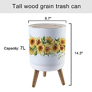 Small Trash Can with Lid Sunflower Seamless Watercolor Horizontal Border Yellow Rural Flowers Round Recycle Bin Press Top Dog Proof Wastebasket for Kitchen Bathroom Bedroom Office 7L/1.8 Gallon