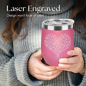 shop4ever Breast Cancer Awareness Pink Ribbon Heart Engraved Insulated Stainless Steel Wine Tumbler with Lid 12 oz. Gift for Her (Sparkly Pink)