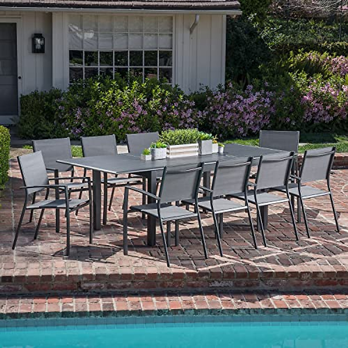 Hanover 11-Piece 40" x 94" Cameron Modern Outdoor Dining Set, 10 Stackable Sling Chairs, 40'' x 94'' Expandable Table, Durable, Weather Protected Aluminum Frame, Gray