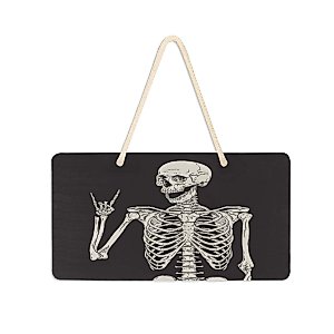 Human Skeleton Skull Hanging Door Sign Plaque, Funny Halloween Wall Signs Home Decor with String Decorative Hanging Sign for Front Door Yard Garden Entrance Porch Farmhouse Office 6x11 inches