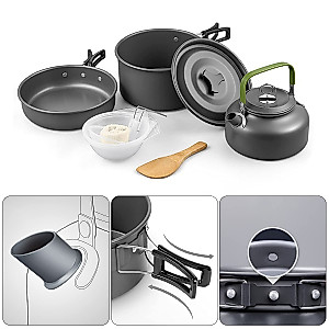 Swiftrans Aluminum Outdoor Camping Cookware Set, Folding Cookset Camping Teapot and Pans Set Equipment，Lightweight Pots, Pans with Mesh Set Bag for Backpacking, Hiking, Picnic