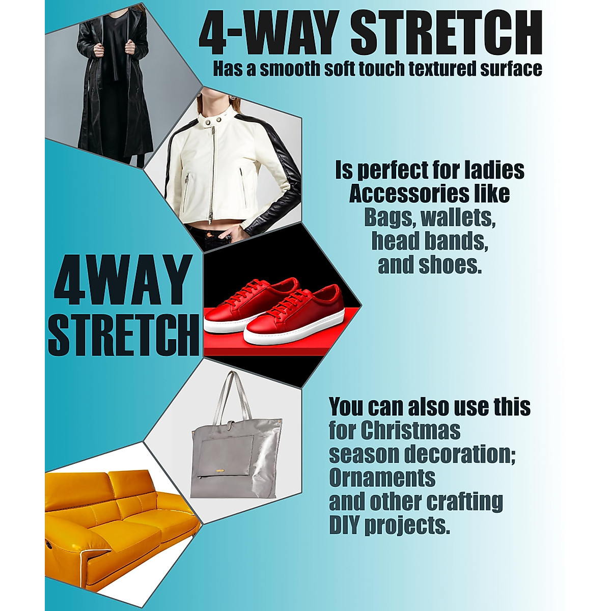 4-Way Stretch Vinyl Clothing Fabric Apparel Flexible Lightweight (16oz per Yard) PU Faux Leather 54" Wide Sold Continuous Yard - Strong Stretch Rebound, Create Outfits, Water Resistant, Stretch-White