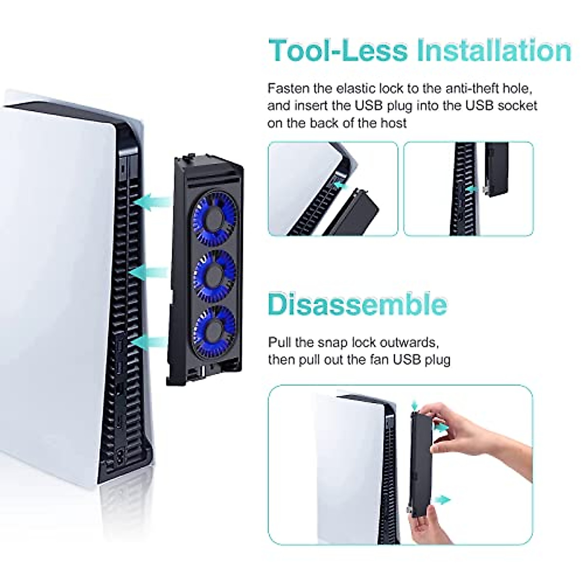 for PS5 Cooling Fan with Led Light, Quiet for PS5 Fan Cooling Fan HUIJUTCHEN for PS5 Cooler Cooling Fan for Playstation 5 Fan with 3 Small Fans 3.0 USB Port 2 Fan Speed Setting Fan