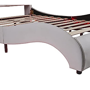 BIADNBZ Full Size Wavy Platform Bed with Adjustable LED Light, Modern Upholstered Faux Leather Bedframe for Kids, Wooden Slats Support, No Box Spring Needed, White