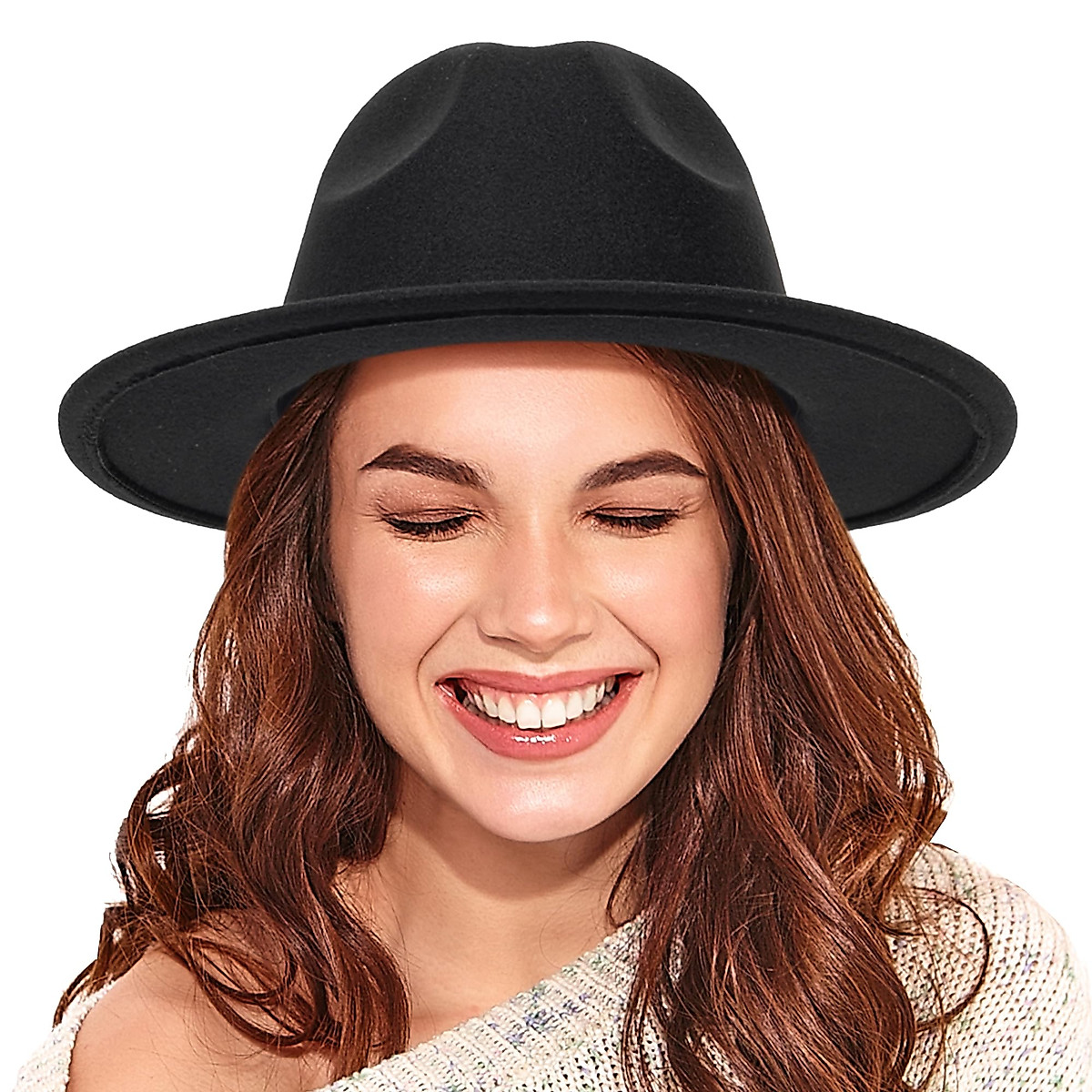 Felt Fedora Hat Womens Classic Hat Wide Brim Jazz Hat with Belt Buckle (Black with Black Belt, Medium (22"-23"))