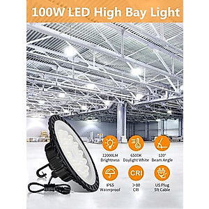 LED High Bay Light, 100W 12000LM UFO LED High Bay Lights with US Plug 5' Cable, 6500K Super Bright LED Shop Lights, IP65 Warehouse Light, Area Light Fixture Shop Light for Garage Warehouse Workshop