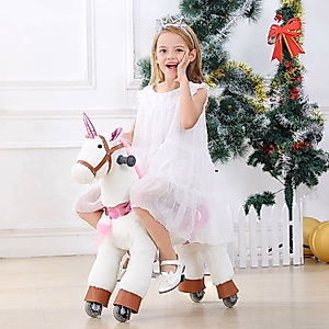JoJoPooNy Ride on Unicorn Toys for Girls, Ride on Horse Riding Pony for Children 3-6 Years Old, Rideable Plush Walking Horse Animal with Wheels