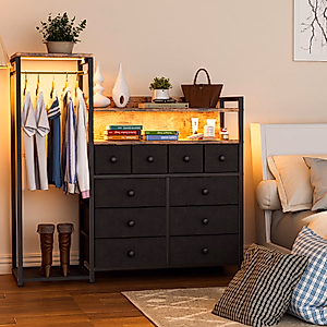 HPWLYO 10 Drawers LED Dresser for Bedroom, Black Fabric Dresser with Clothes Rack, Tall Storage Chest of Drawers, Dressers & Chests of Drawers, Wooden Top, Bedroom, Closet