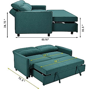 FULife 3 in 1 Convertible Pull Out Sleeper Sofa Bed Backrest,Upholstered 2-Seat Loveseat Futon Sofá,Multi-Functional Adjustable Single Chair,Lounge Recliner Couches for Living Room, Green 74.41" w