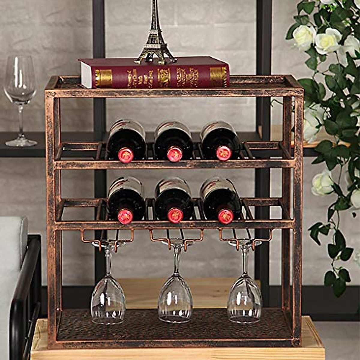 Wine Rack Wrought Iron Wine Rack and Glass Locker Free Standing Goblet Holder Support Display Stand 48x 28x50 Cm for Up to 12 Bottles of Wine