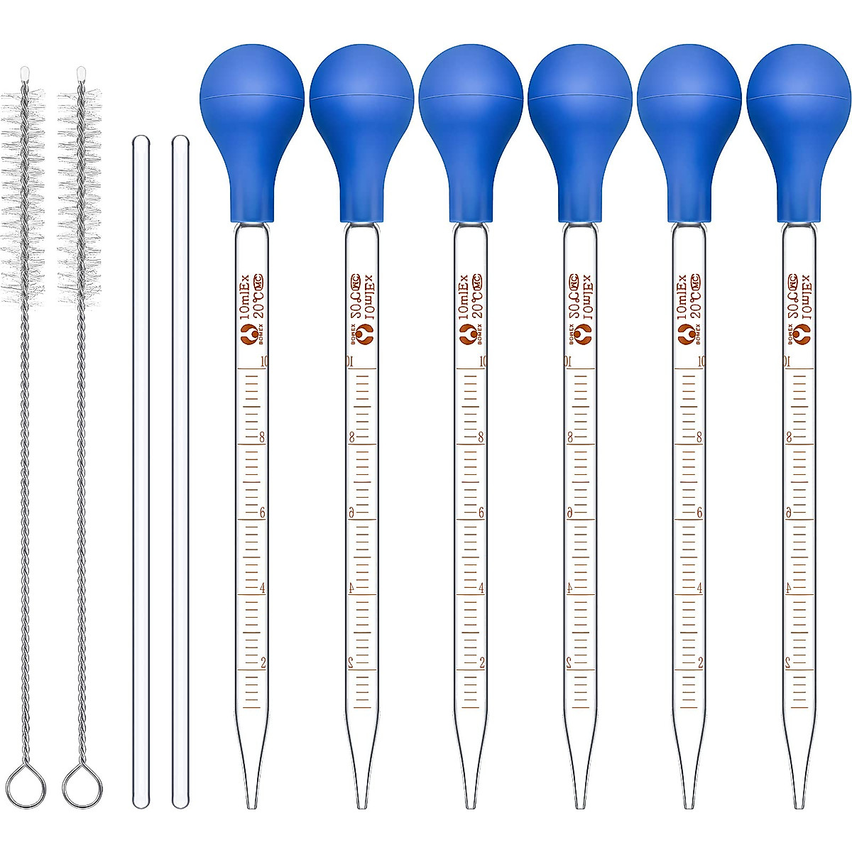 Weewooday Glass Droppers Pipettes Graduated Lab Dropper Glass Liquid Pipette with Big Rubber Hats 20 cm Stir Rod Washing Brush Transfer for Liquid Essential Oil(16 Pieces,Blue,10 ml)