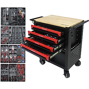 Campfun Rolling Tool Cart with 4-Drawer 266PCS Tool Set, Tool Chest Cart on Wheels, Utility Tool Box with Wooden Top Workbench, Tool Storage Cabinet Organizer for Garage, Workshop, Repair Shop