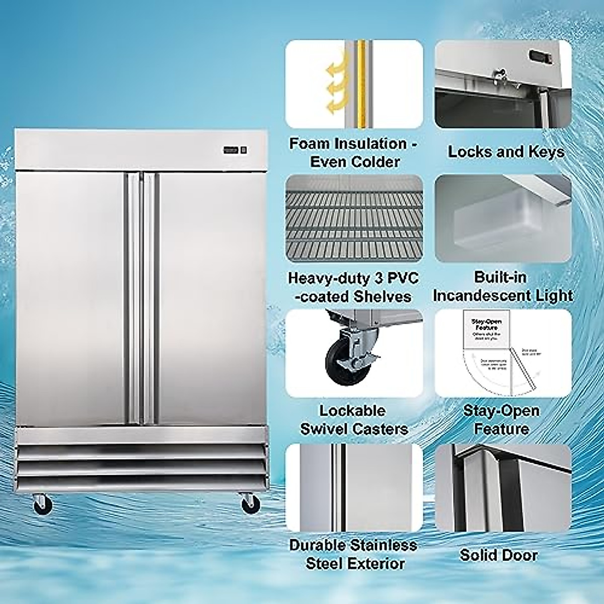 SMETA Commercial Fridge Refrigeration Stainless Steel 47 Cu. Ft Reach in 2 Door Upright Stand Up 2 Section Fan Cooling Refrigerator for Restuarant, Bar, Shop, 54'' Wide Large Capacity