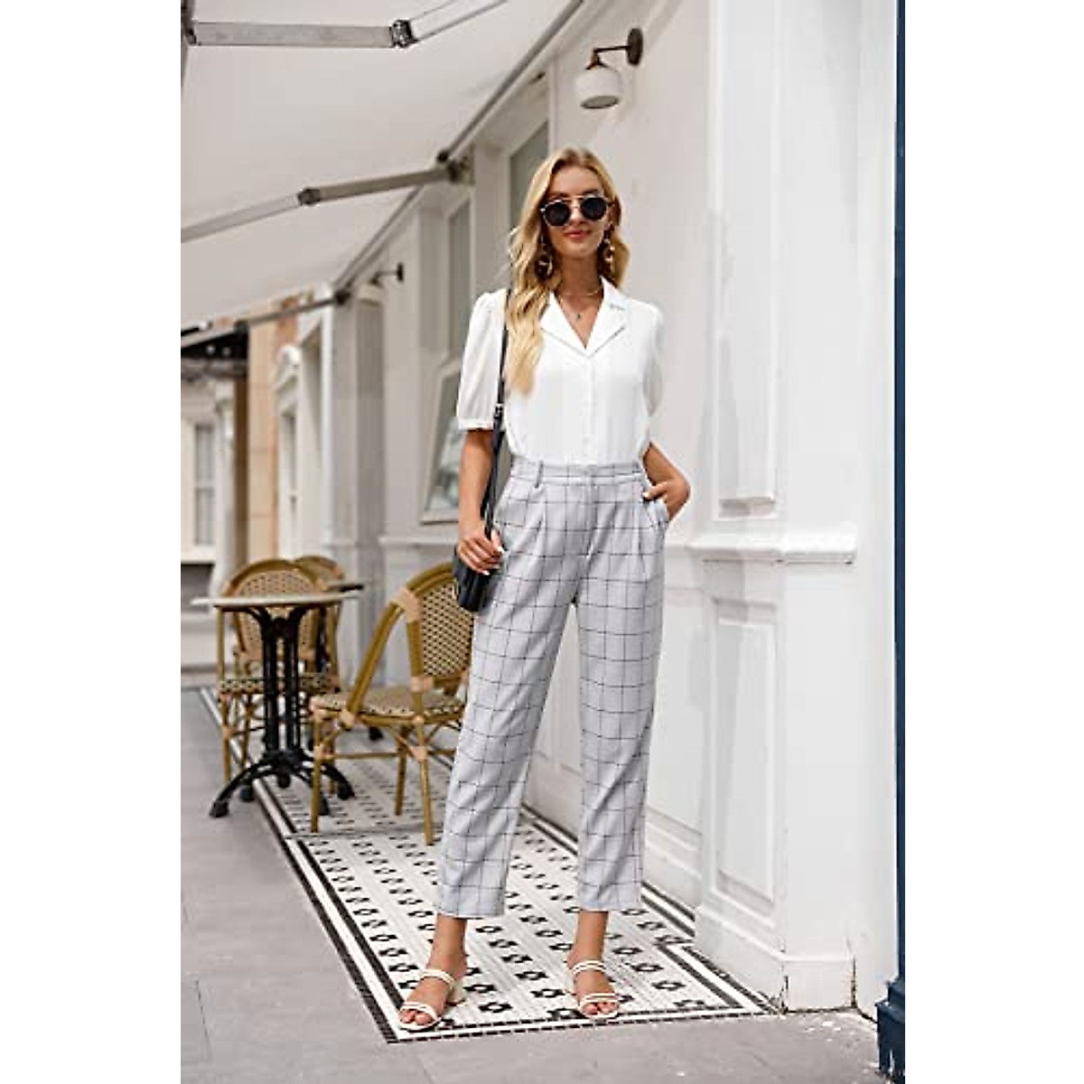 Women Pants Elastic Waist Plaid Pants with Pockets Medium