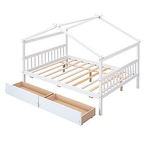 Full Size House Bed for Kids, Montessori Bed Full Size Platform Bed Frame with 2 Drawers, Headboard and Footboard, Solid Wood Full Storage Bed for Girls & Boys (Full, White)