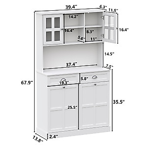 Kitchen Pantry Cabinet with Double Tilt Out Trash Cabinet, 68" Tall Kitchen Storage Cabinet with 2 Drawers & Hutch, 20 Gallon Hidden Trash Can Cabinet, Kitchen Cupboard with Microwave Coffee Stand