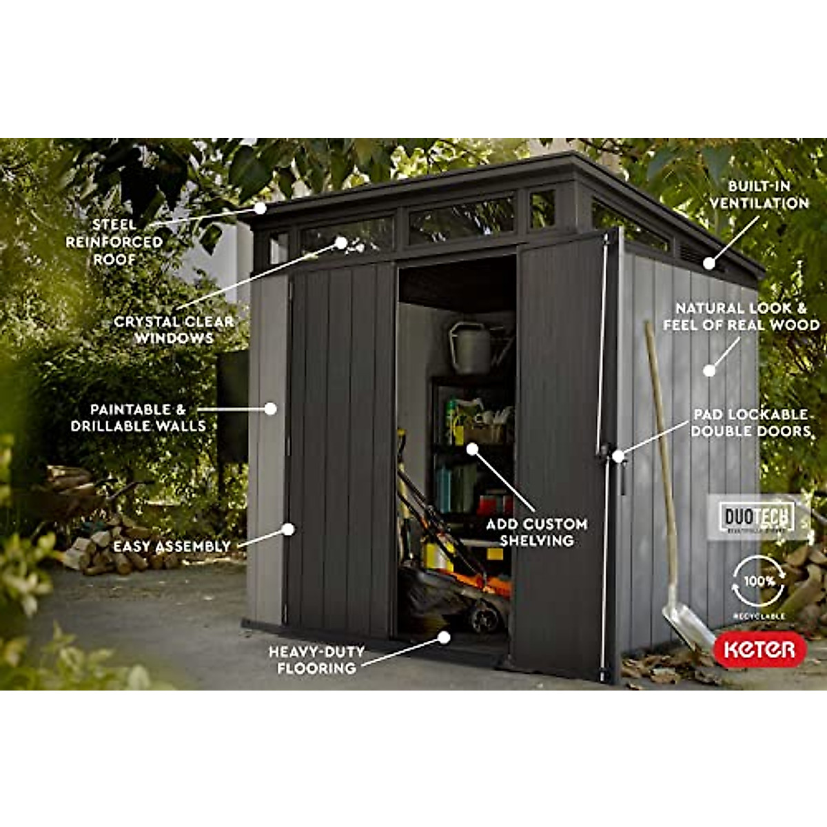 Keter Artisan 7x7 Foot Outdoor Shed with Floor-Modern Design for Patio Furniture Lawn Mower, Tools, and Bike Storage, Grey