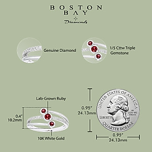 10K White Gold 1/5 CTTW Triple Lab Grown Ruby & 1/10 CTTW Genuine Diamond Art Deco Ring (H-I Color, I1-I2 Clarity) - Size 7