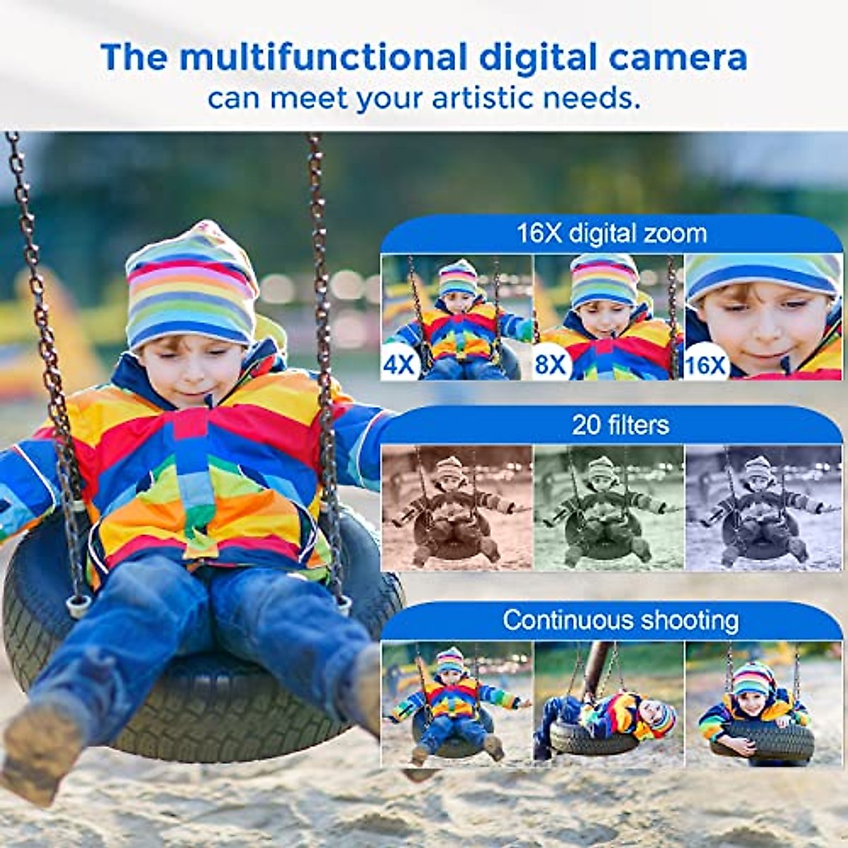 Digital Camera, RUAHETIL Autofocus FHD 2.7K 48MP Vlogging Camera for Kids, 16X Zoom 2 Charging Modes Kids Compact Camera Point and Shoot Camera for Kids Teens Students（Black）