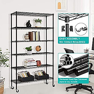 BLKMTY 6 Tier Wire Shelving Unit Adjustable Storage Shelves Metal Shelf with Wheels Wire Rack for Garage Basement Kitchen Racks 2100lbs Capacity Metal Pantry Shelves 48"x18"x82", Black