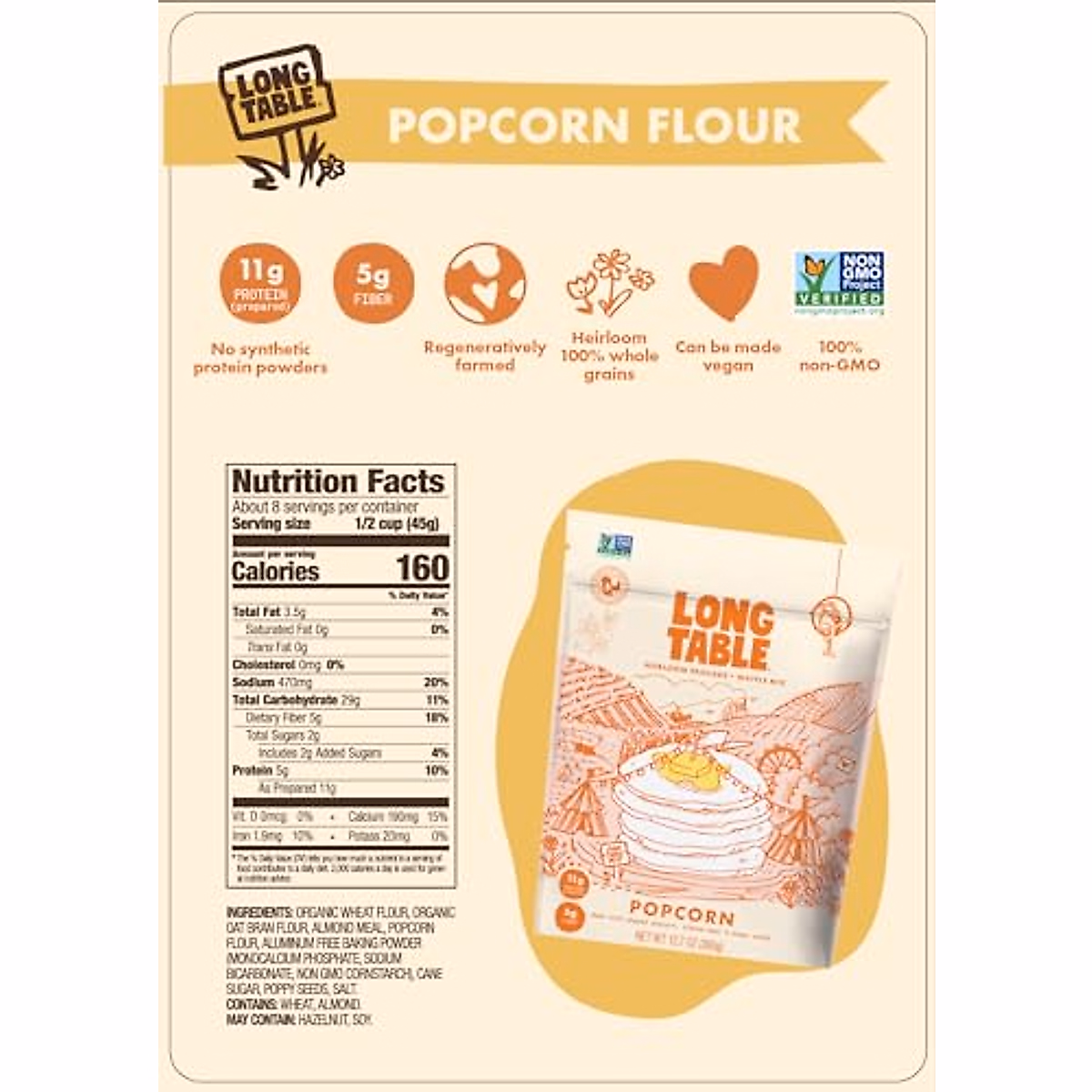 LONG TABLE Popcorn Pancake and Waffle Mix | Shark Tank's Favorite | High Protein, Fiber-Rich, Heirloom Grains | 4-Pack"