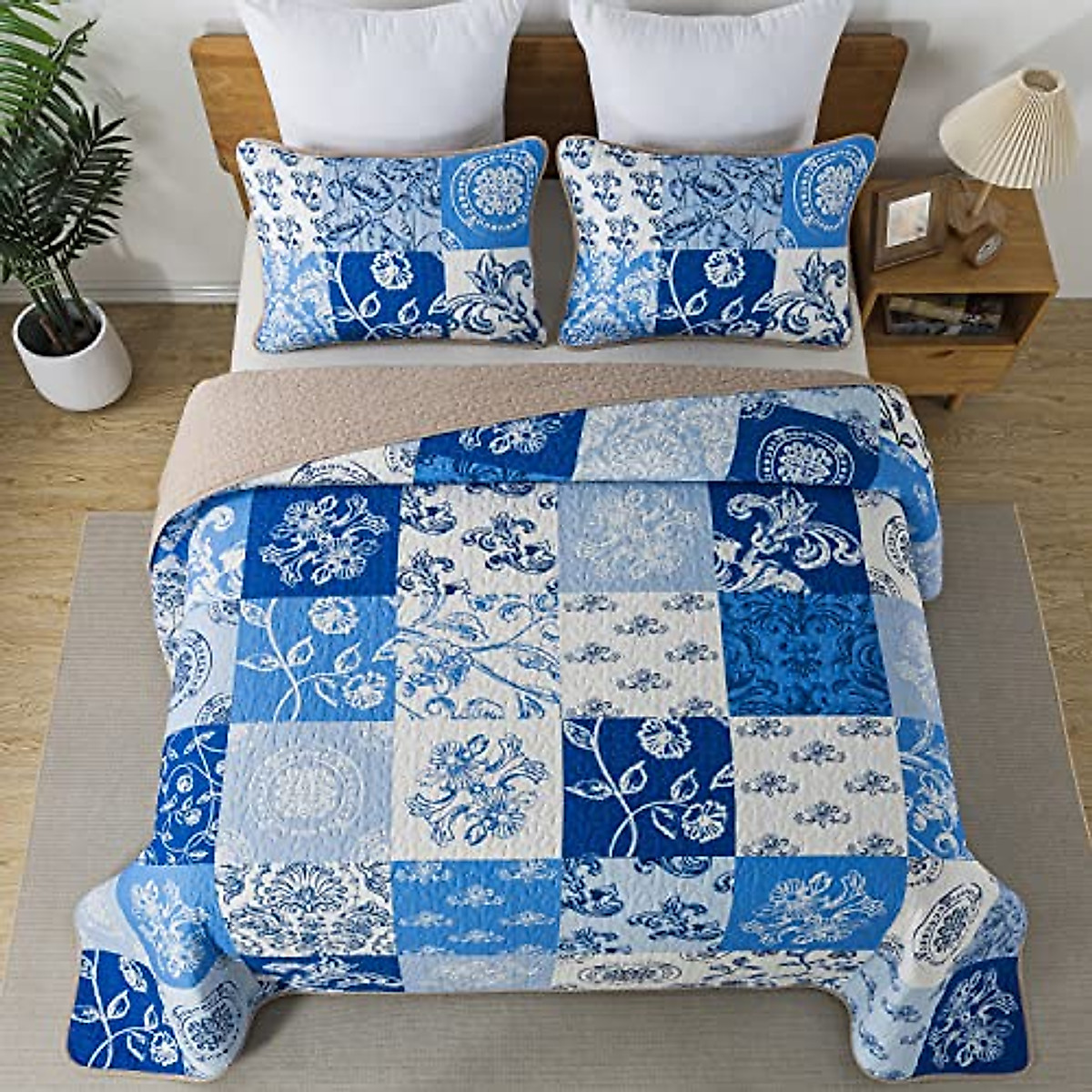 PSL Home- Quilts Queen Size, 100% Cotton Bedspreads Queen Sized, Quilt Sets Coverlet for The Bed, Quilt Bedding Set, Quilted Comforter Bed Spread Prime, Plaid Floral Pattern 3 Pieces (Blue White)