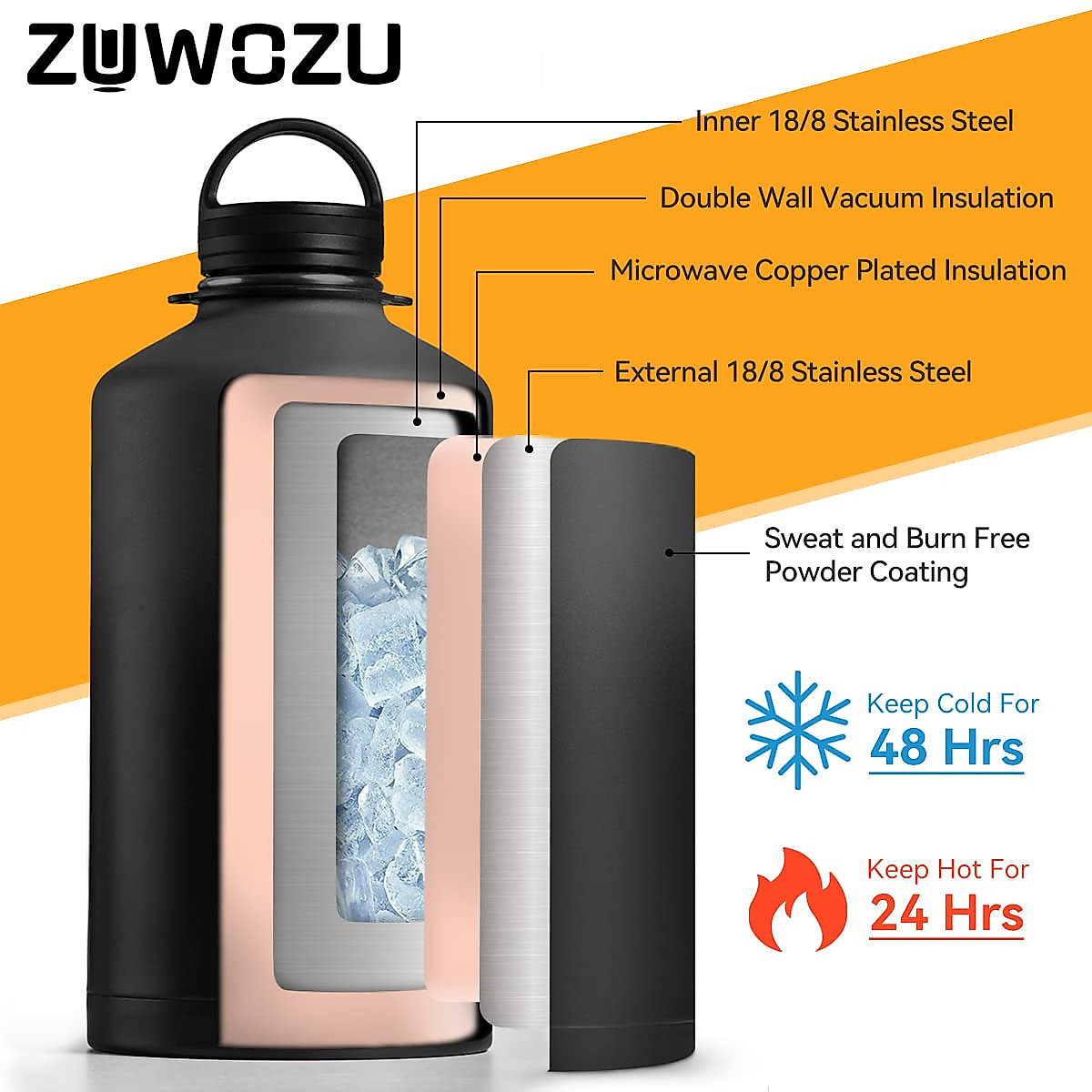 ZUWOZU 1 Gallon Water Bottle Insulated, 128oz Large Stainless Steel Water Bottles with Straw, Spout & Handle Lid, Big 1 Gallon Water Jug with Carrier Bag w/Strap, Perfect for Hot&Cold Drinks,Black