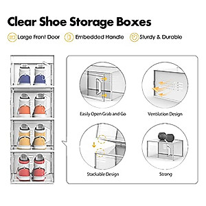 SEE SPRING Large 12 Pack Shoe Storage Box, Shoe Organizer for Closet, Clear Plastic Stackable Shoe Boxes, Space Saving Foldable Sneaker Shoe Rack Containers Bin Holder (Clear)